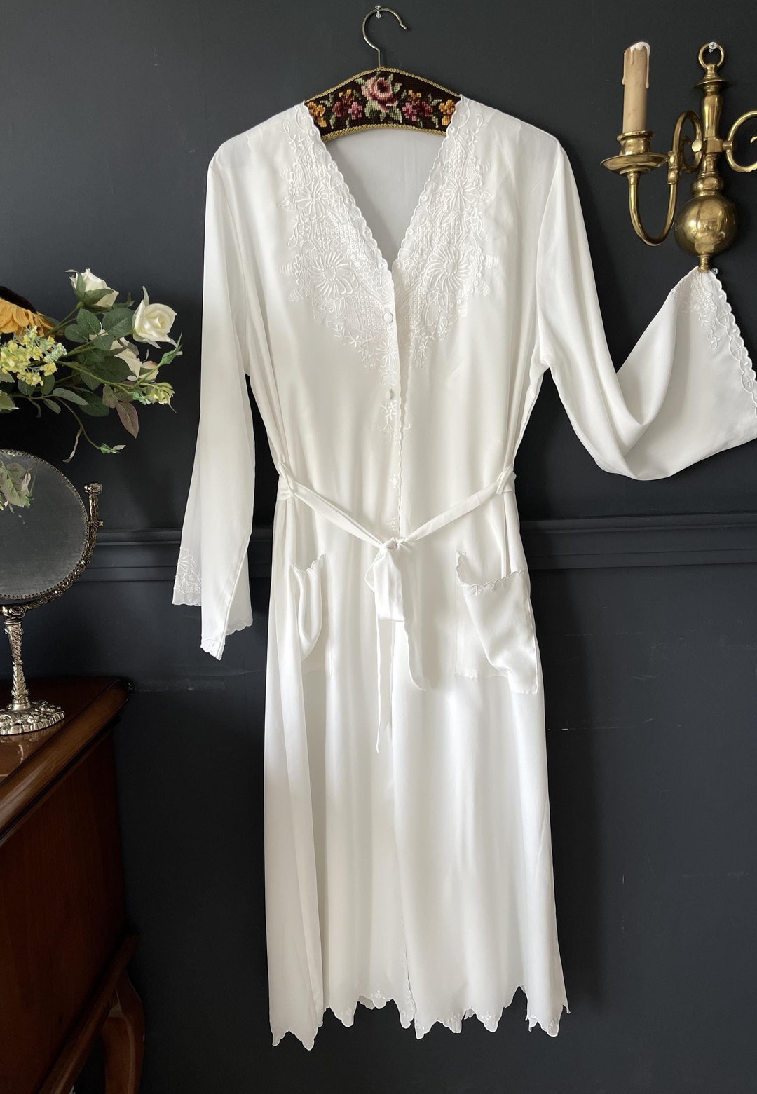 Satin Embroidered Bridal Robe and Nightgown Set - 1960s - White ...