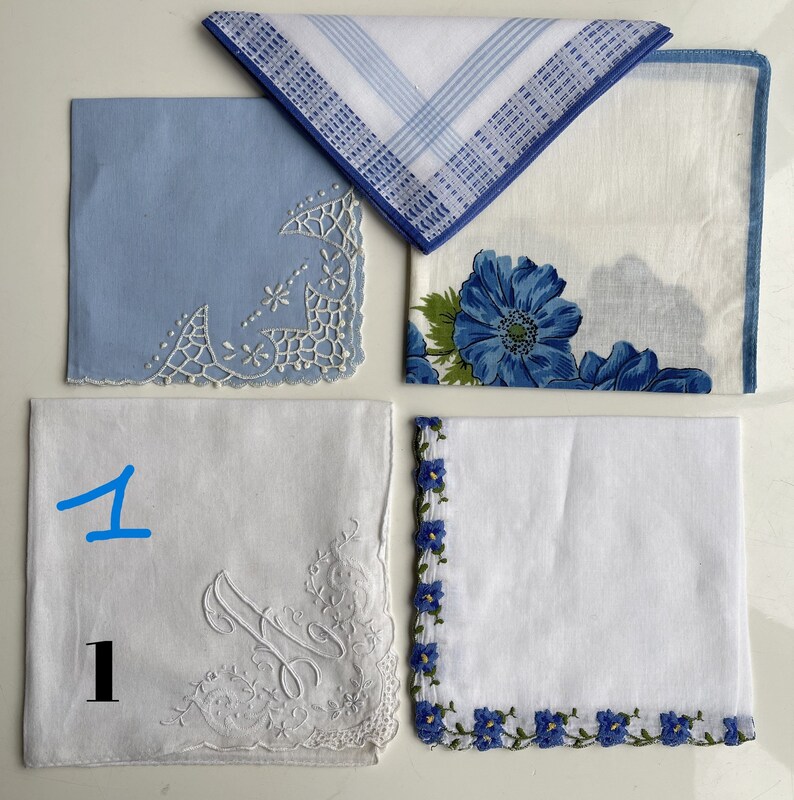Vintage Handkerchief Collection - Set of 5 Retro Blue and White ...