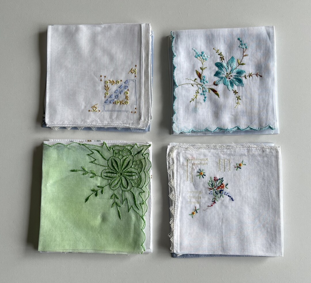Vintage Handkerchief Collection Bundle Set of 5 White Blue Green ...