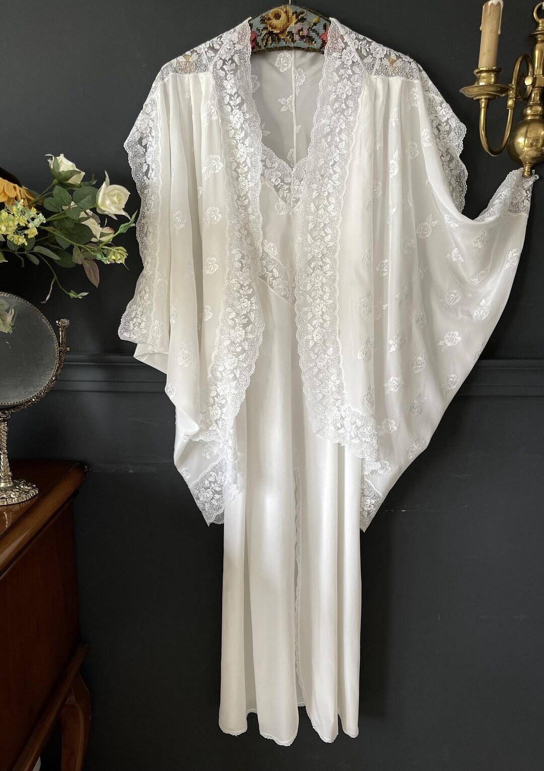 1990s White Silk Kimono Robe & Lace Nightgown Set Vintage Medium - Etsy