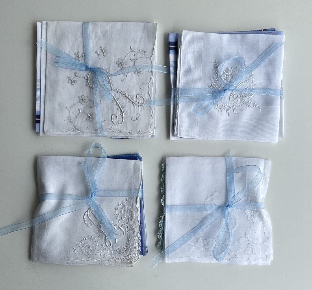 Vintage Handkerchief Collection - Set of 5 Retro Blue and White ...