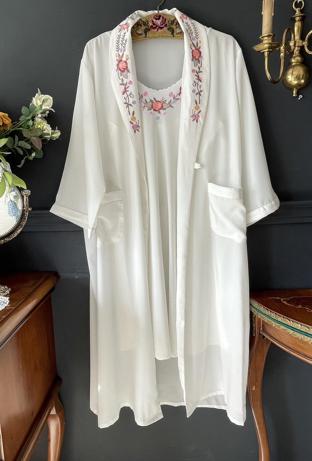 Vintage Chinese Silk Nightgown and Robe Set, Floral Embroidery 1990s ...