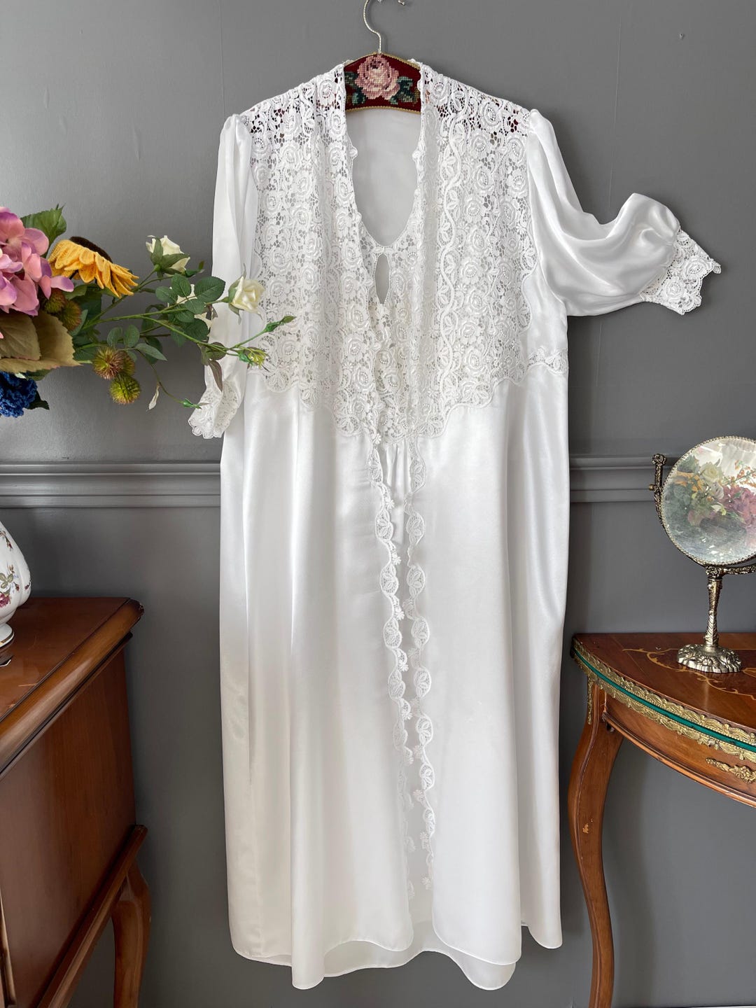 Vintage 2000s Satin Nightgown & Robe Set – Lace Trim Sleepwear, Large ...