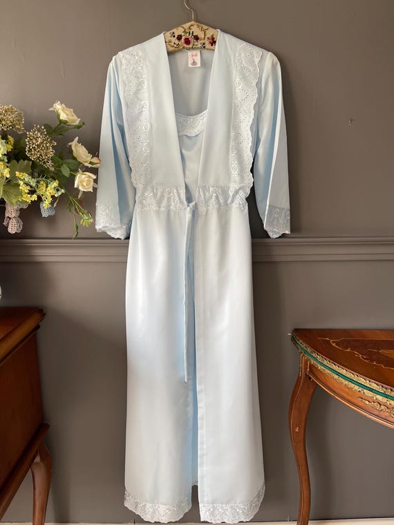 Blue Satin Nightgown & Robe Set - Lace Trim Sleepwear… - Gem