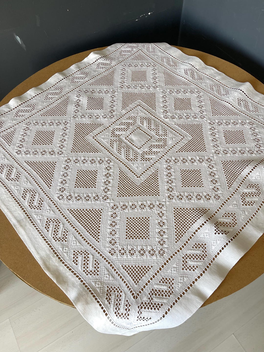 1940s Hand Embroidered Hardanger Tablecloth On Cotton Fabric Flawless