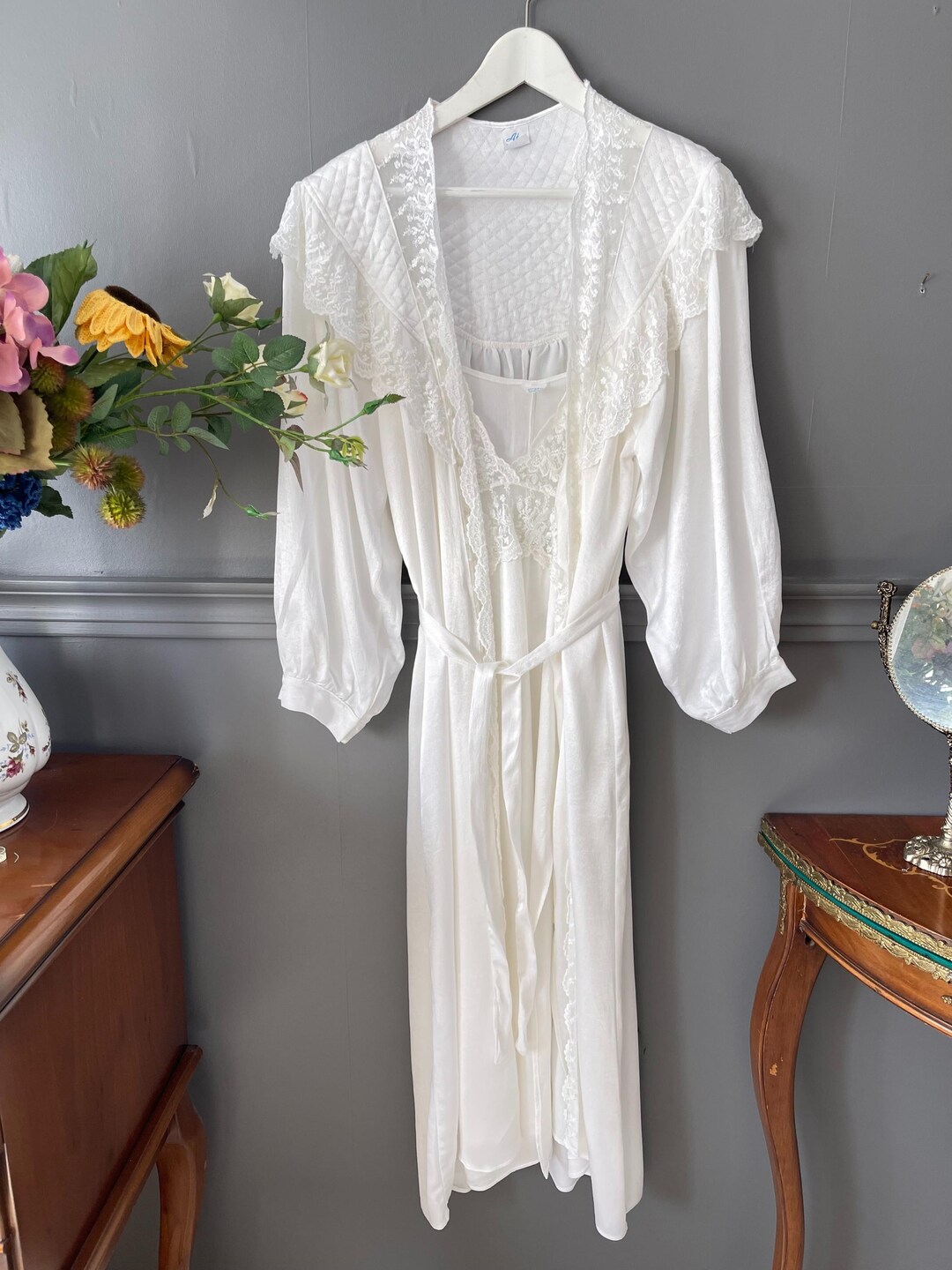 Vintage Silk Nightgown and Robe Set, 1980s Satin Lingerie, Small Size ...