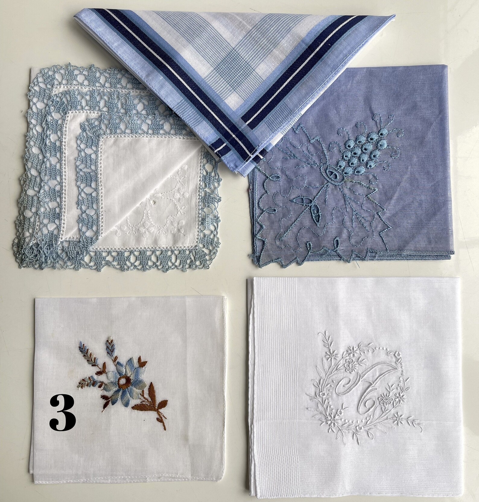 Vintage Handkerchief Collection - Set of 5 Retro Blue and White ...