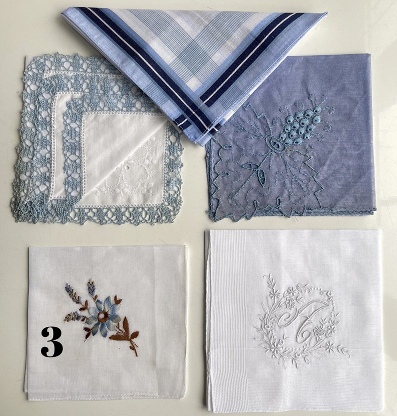 Vintage Handkerchief Collection - Set of 5 Retro Blue and White ...