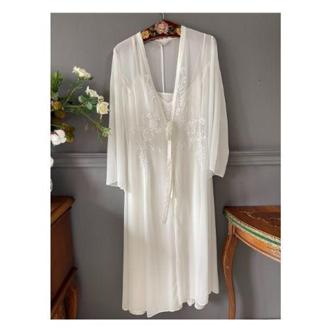 Ecru Satin & Chiffon Nightgown and Robe Set With Beaded Embroidery ...