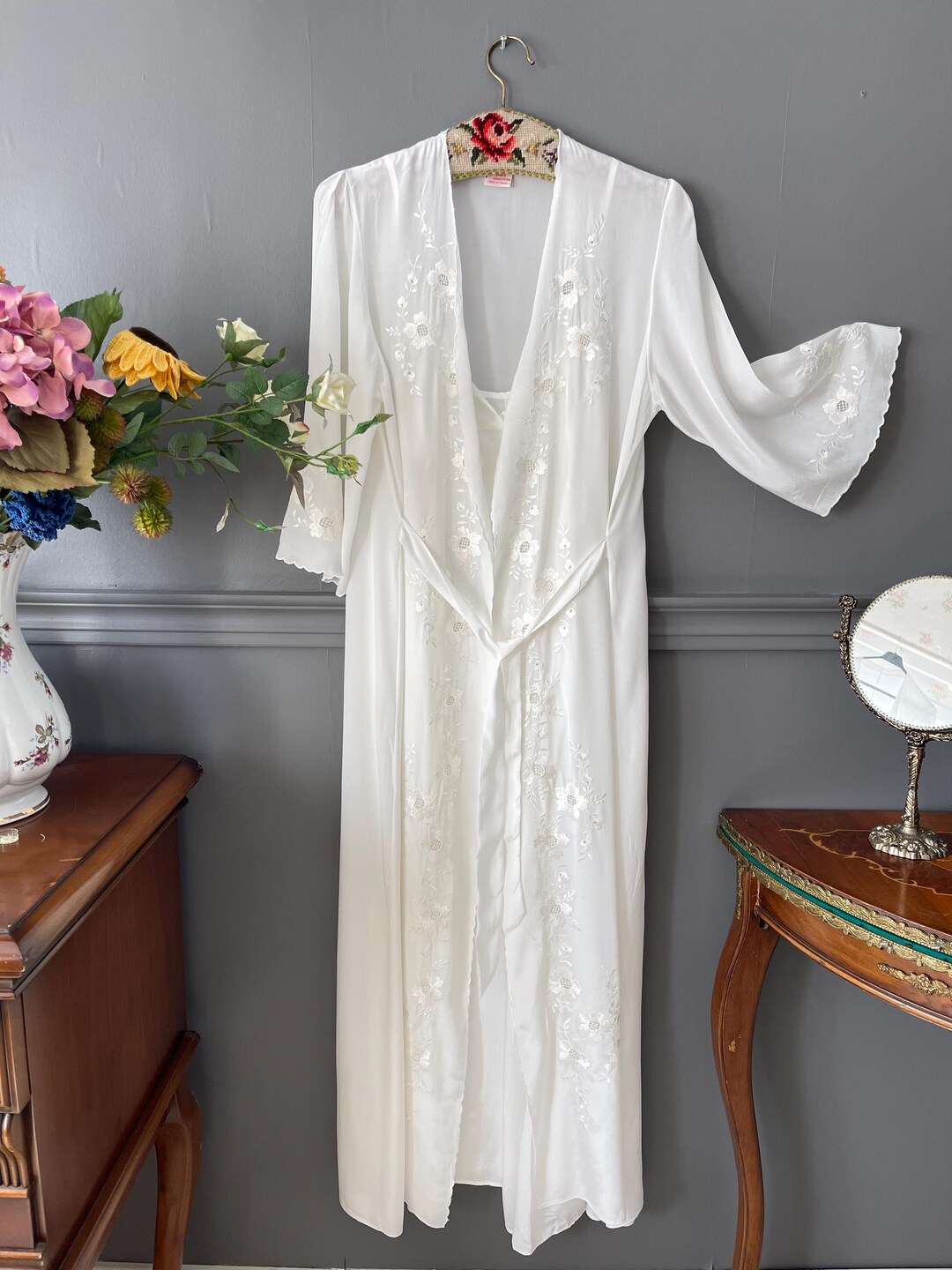 Vintage Silk Nightgown and Robe Set, 1970s Embroidered Lingerie, Small ...