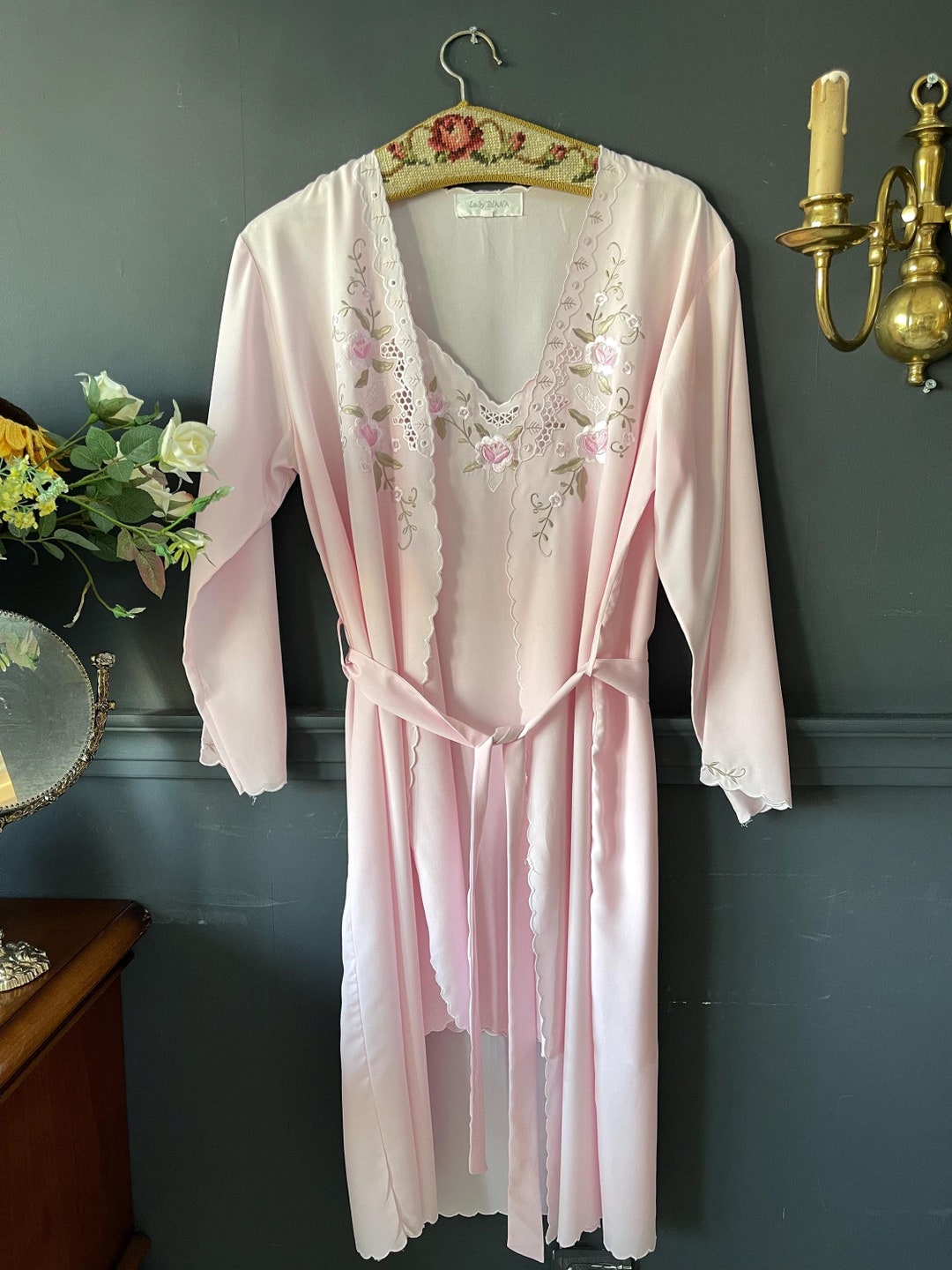 1990s Vintage Silk Robe and Nightgown Set | Floral Embroidered Bridal ...