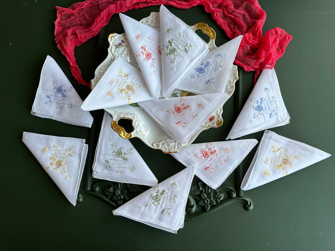 Handkerchiefs Vintage Retro 12 Pieces Hanky Napkins Floral Embroidered ...