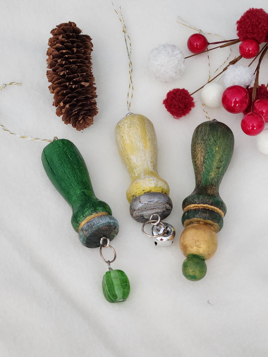 Set of 3 Rustic Wood Spindle Christmas Ornaments - Etsy