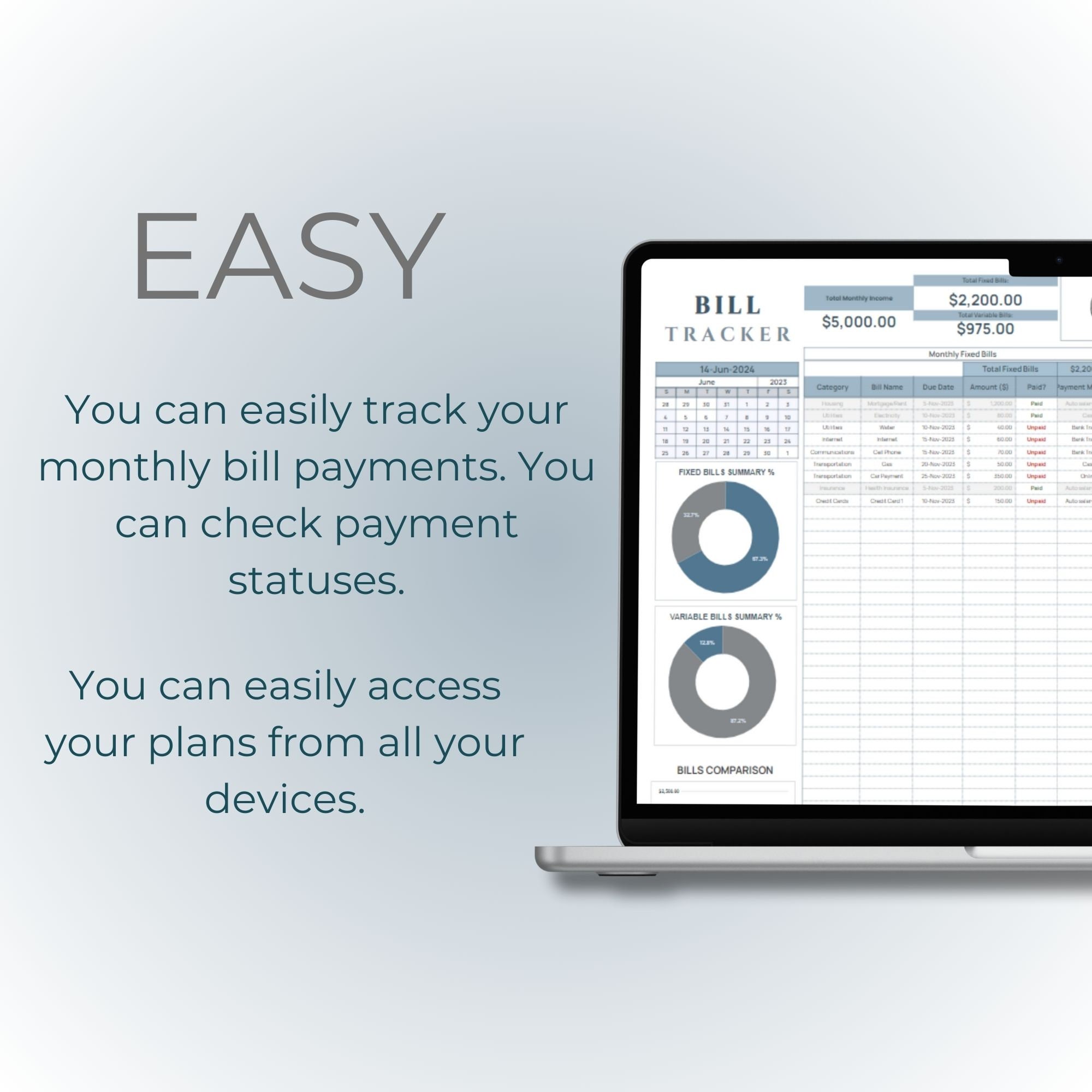 Bill Tracker Spreadsheet, Google Sheets Excel Bill Calendar, Monthly ...