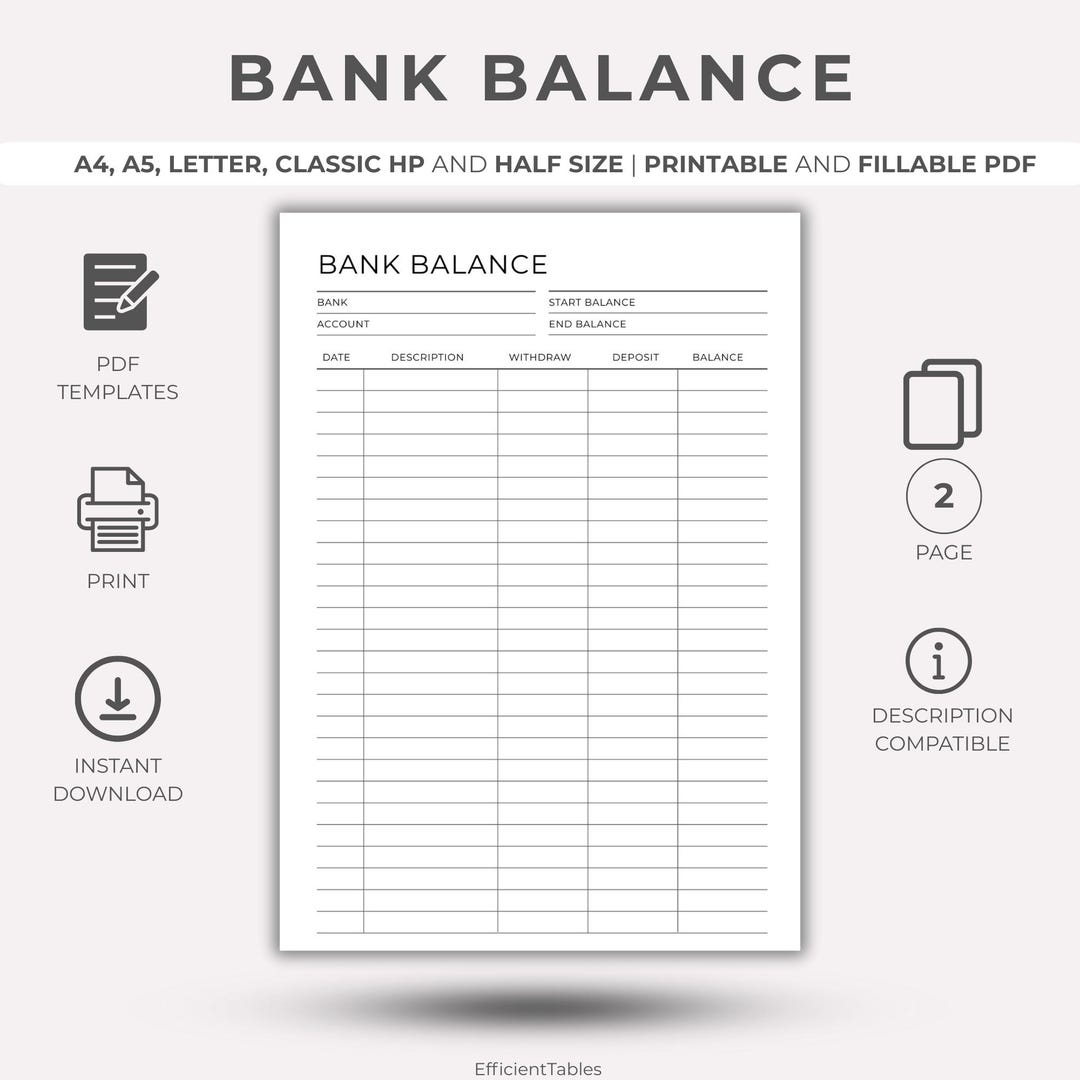 Bank Balance Sheet Printable and Account Transactions Tracker, Personal ...