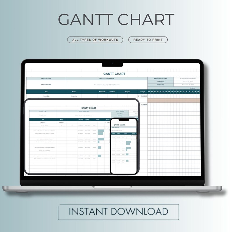 Gantt Chart Google Sheets Excel Spreadsheet, Project Planner, Task ...