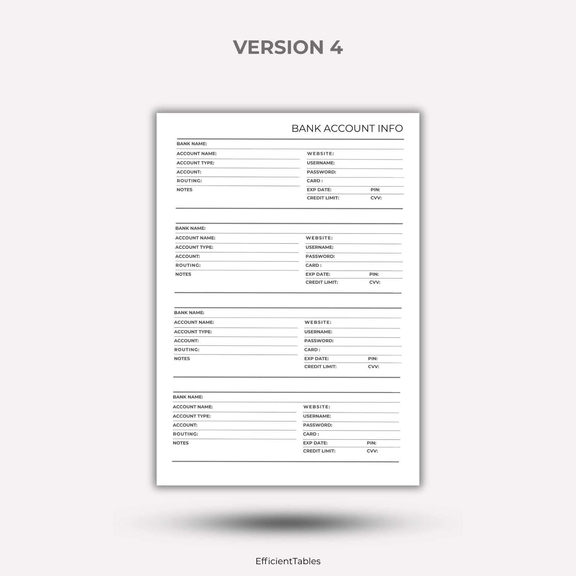 Bank Account Information Tracker Printable PDF | Bank Details Organizer ...