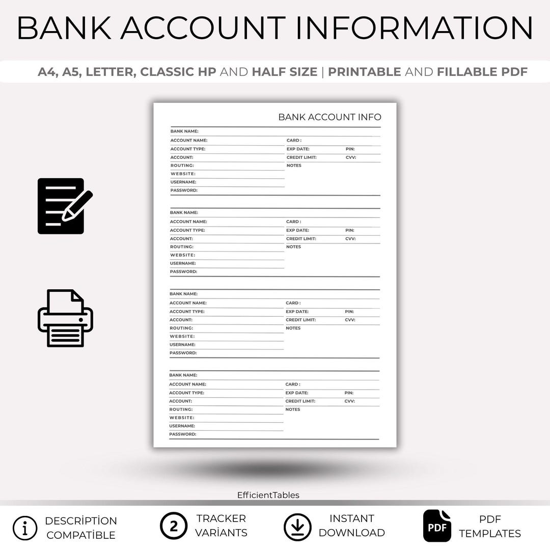 Bank Account Information Tracker Printable PDF | Bank Details Organizer ...