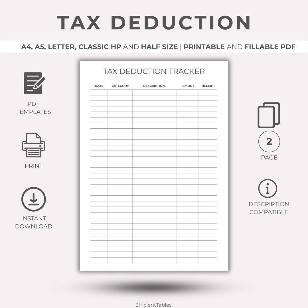 Tax Deduction Tracker Printable for Business and Personal Finance ...