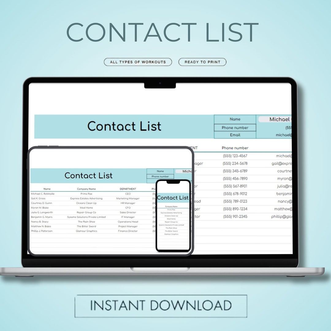Contact List Template, Excel Spreadsheet, Google Sheets, Contact ...