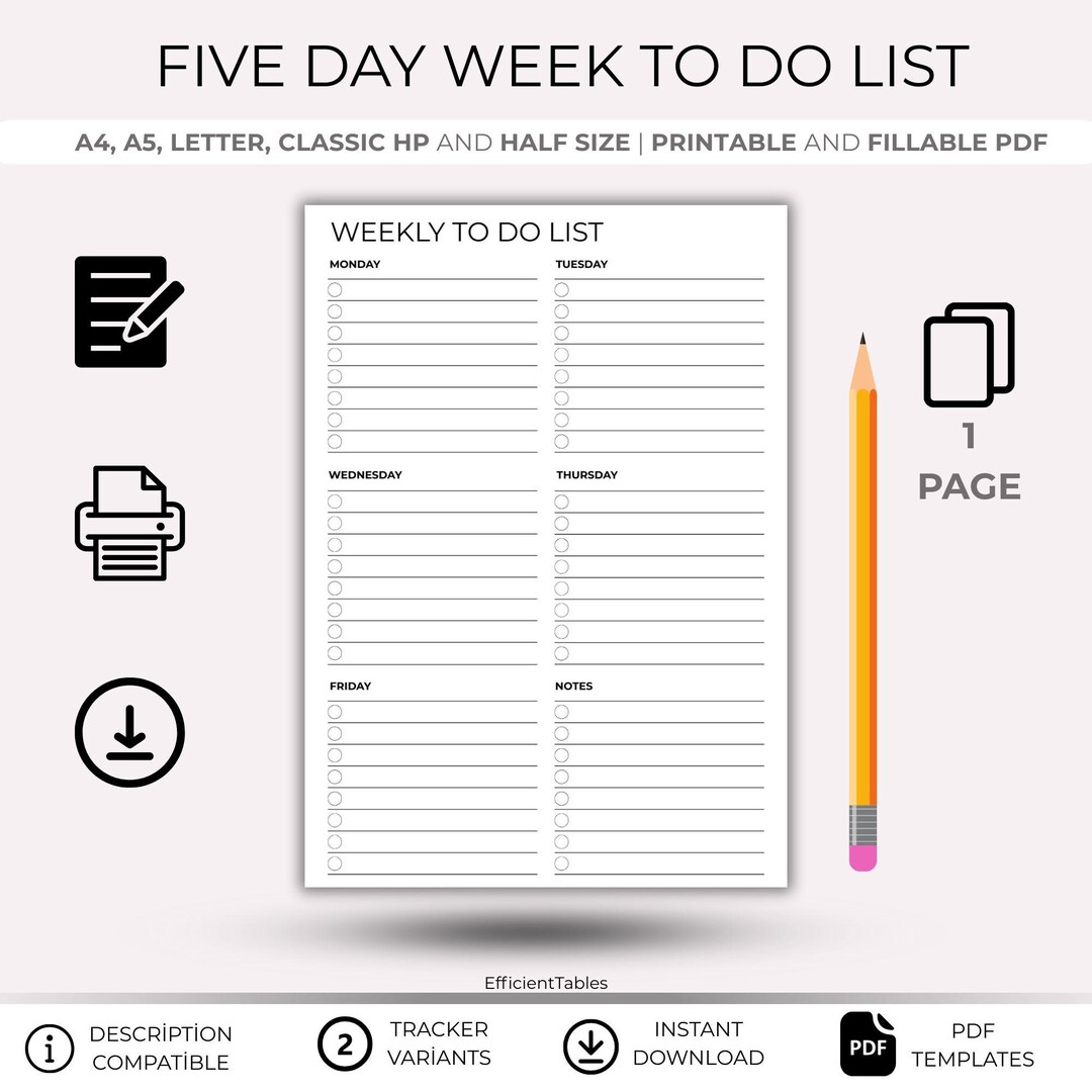 Five Day Week to Do List Printable, Minimal Weekly Planner Template ...