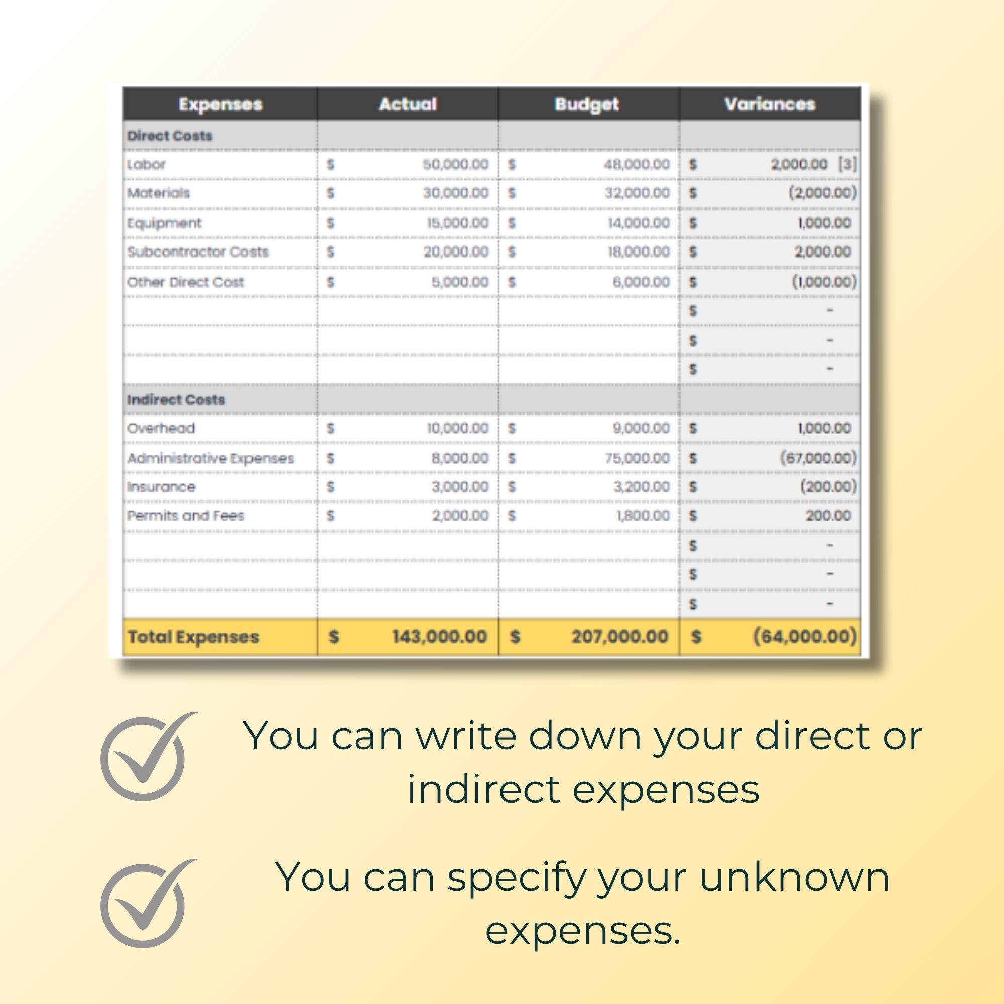 Construction Accounting, Contractor Budget Spreadsheet, Project Expense ...