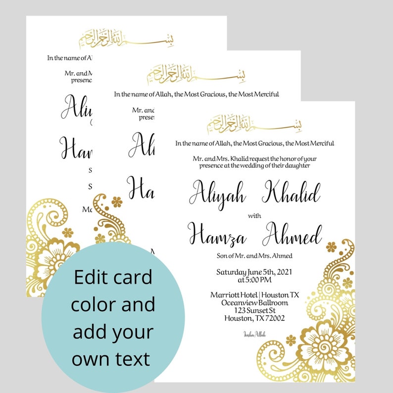Gold Mehndi Muslim Wedding Invitation Card Indian Pakistani Wedding ...