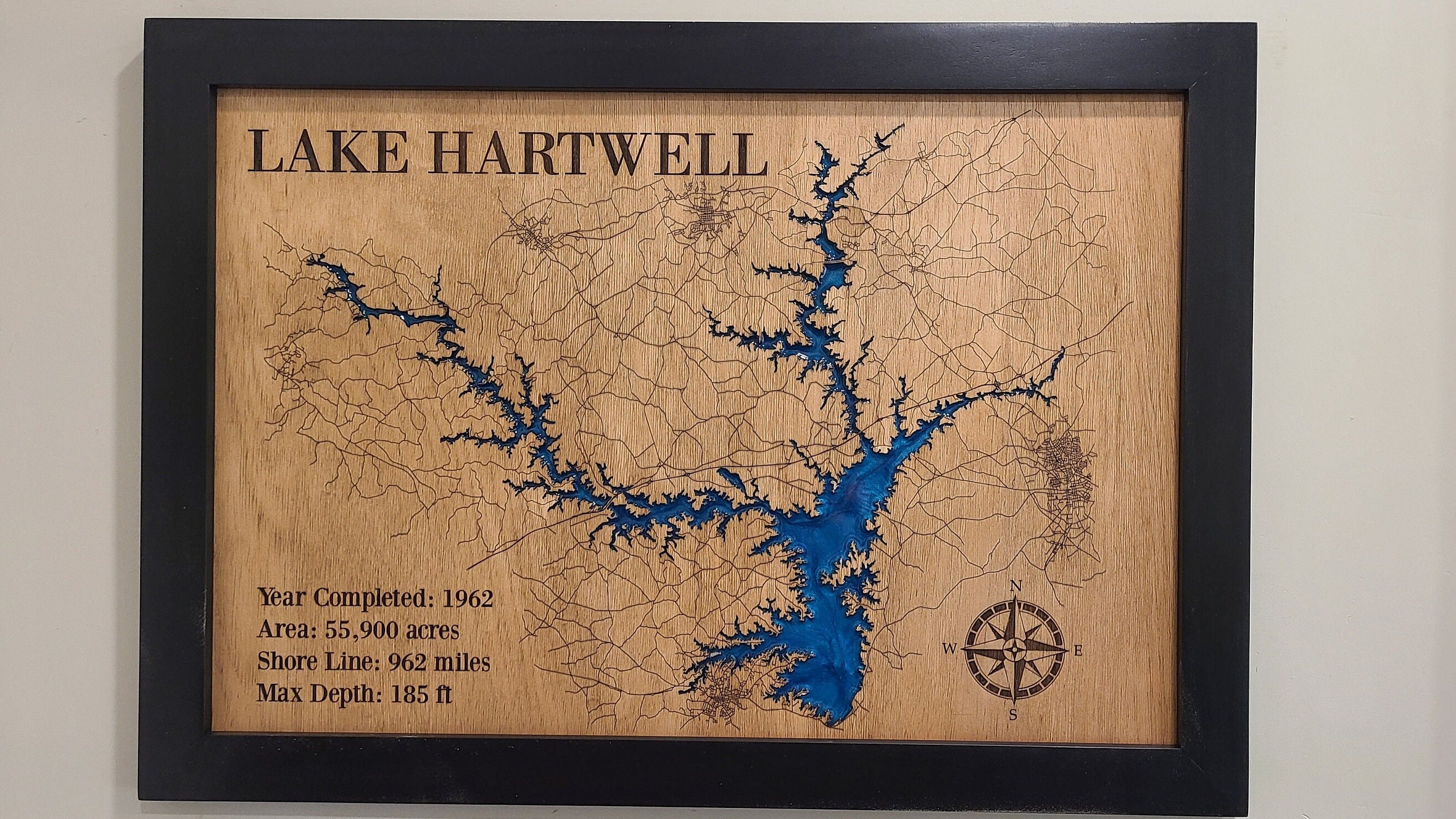 25 X 18 Lake Hartwell With Roads Laser Engraved Sign With Epoxy Inlay ...