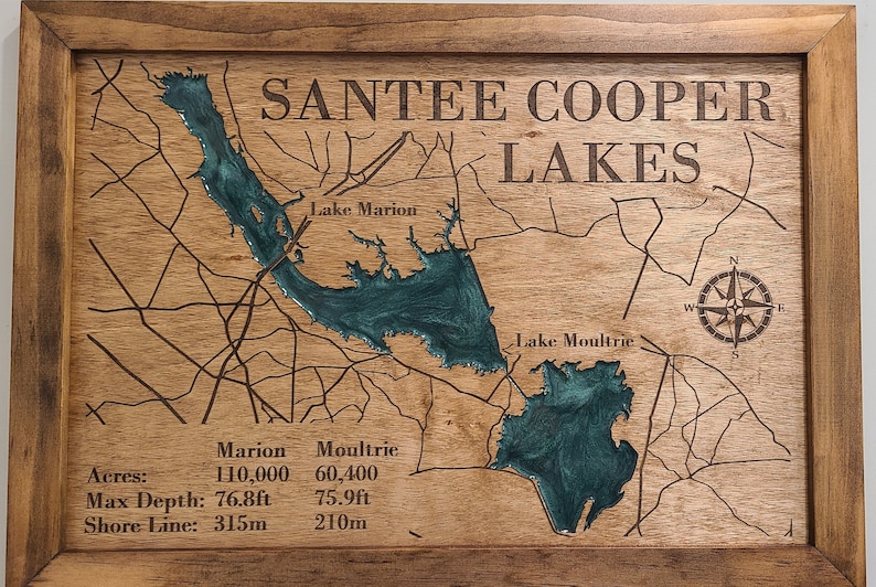 25 X 18 Santee Cooper Lake With Roads Laser Engraved Sign With Epoxy ...