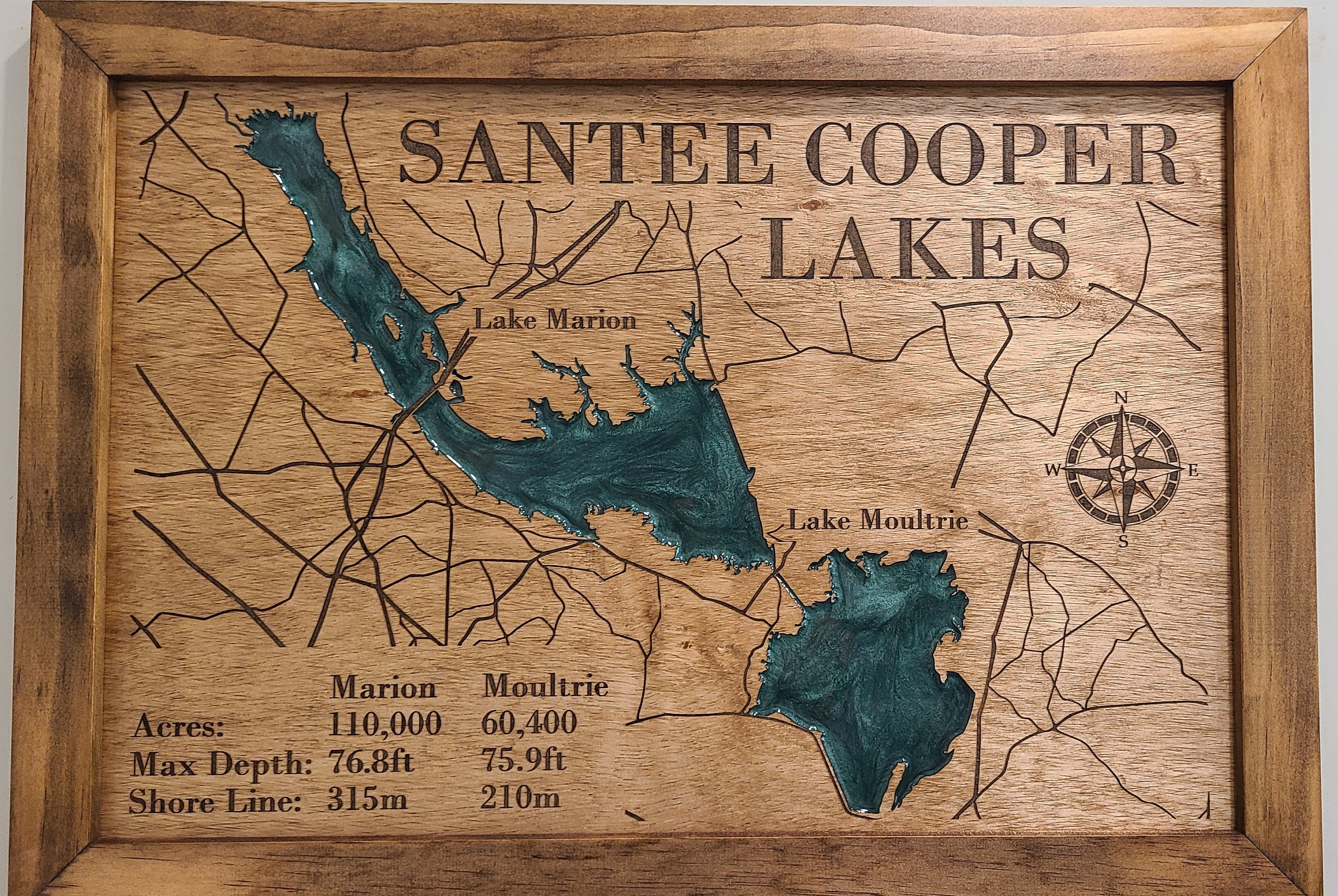 25 X 18 Santee Cooper Lake With Roads Laser Engraved Sign With Epoxy ...