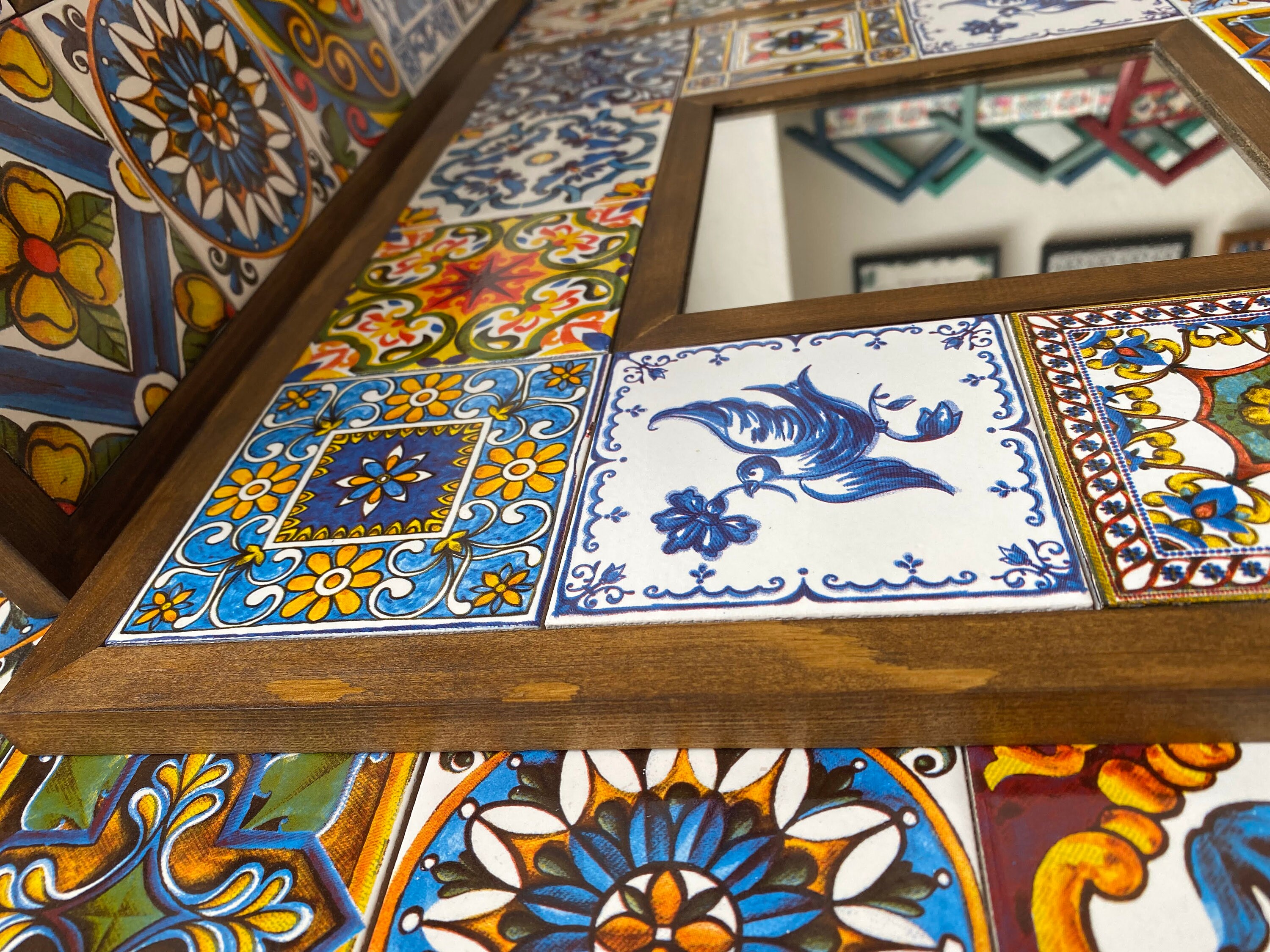 Ceramic Tiled Wooden Frame Mirror, Wall Decor, Wall Mirror, Ceramic ...