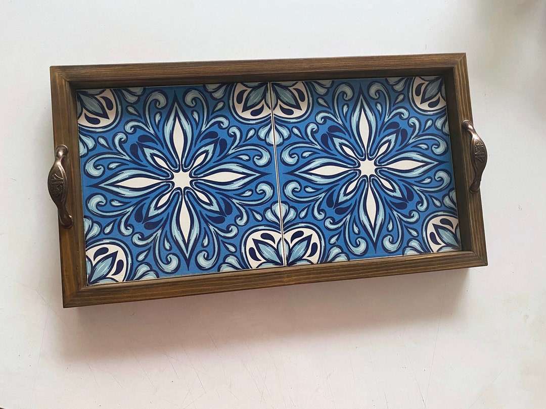 Decorative Tile Tray, Blue Tile, Decorative Serving Tray, Wooden Tray ...