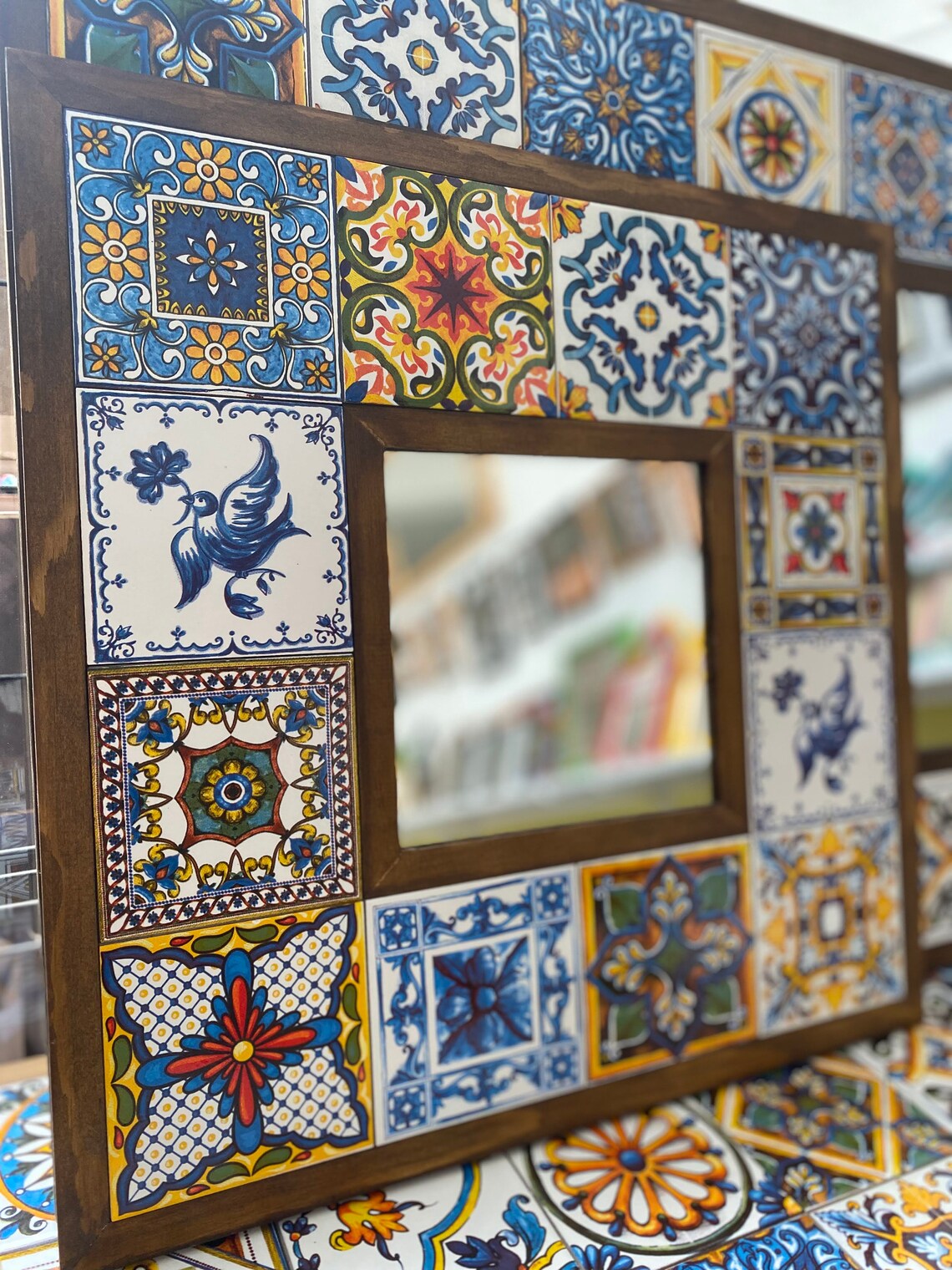Ceramic Tiled Wooden Frame Mirror, Wall Decor, Wall Mirror, Ceramic ...