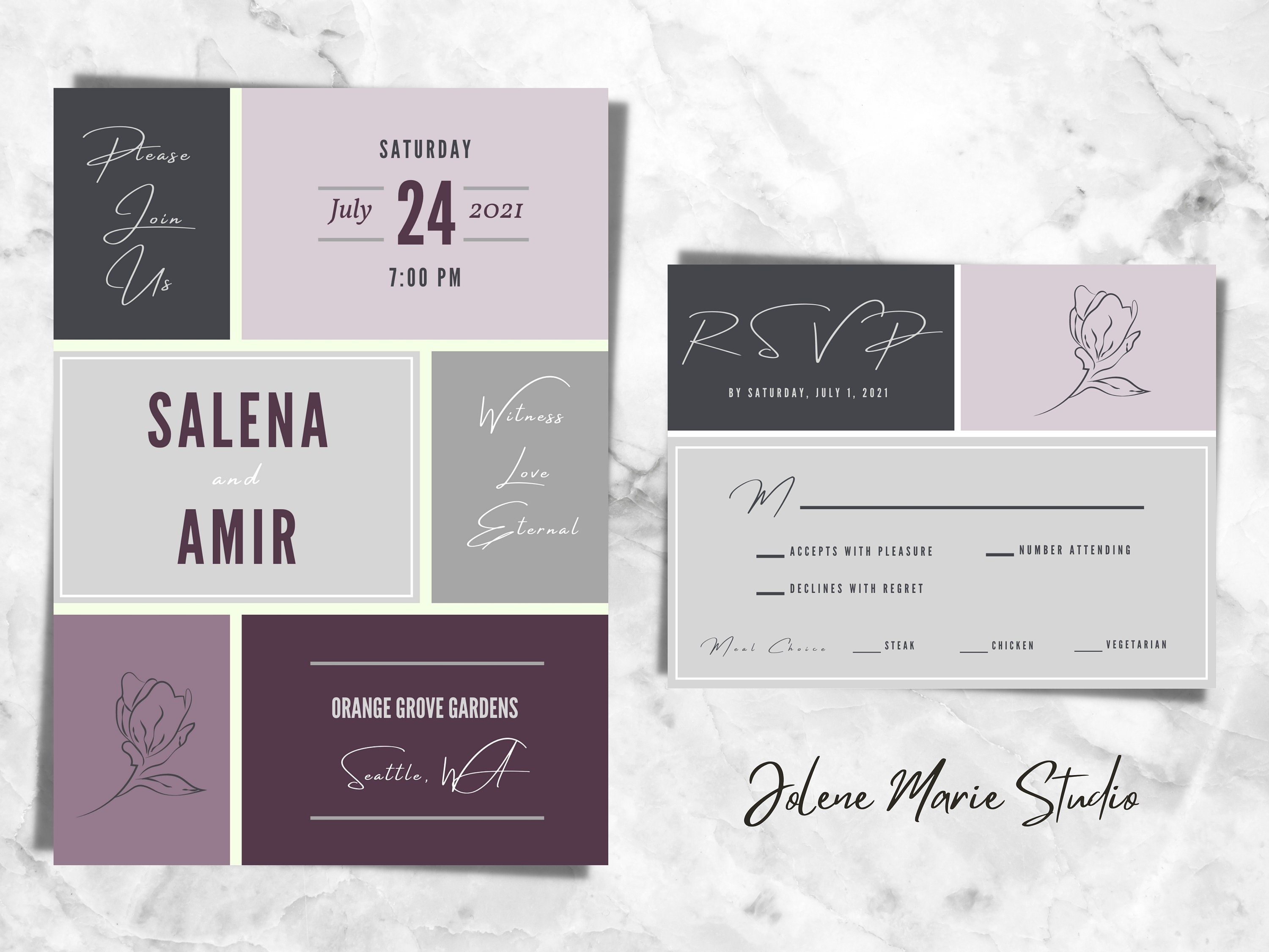 Purple and Gray Modern/geometric Wedding Invitation Set W/ RSVP - I ...