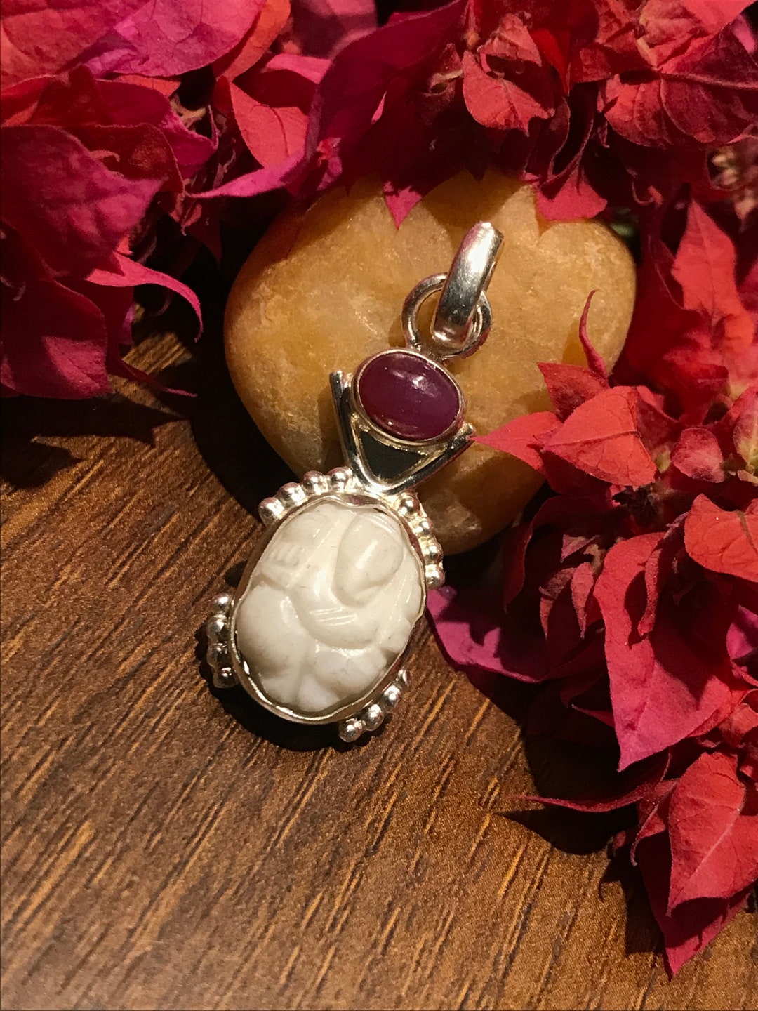 Coral Ganesh Pendant,carved Ganesh Pendant, 925 Sterling Silver ...