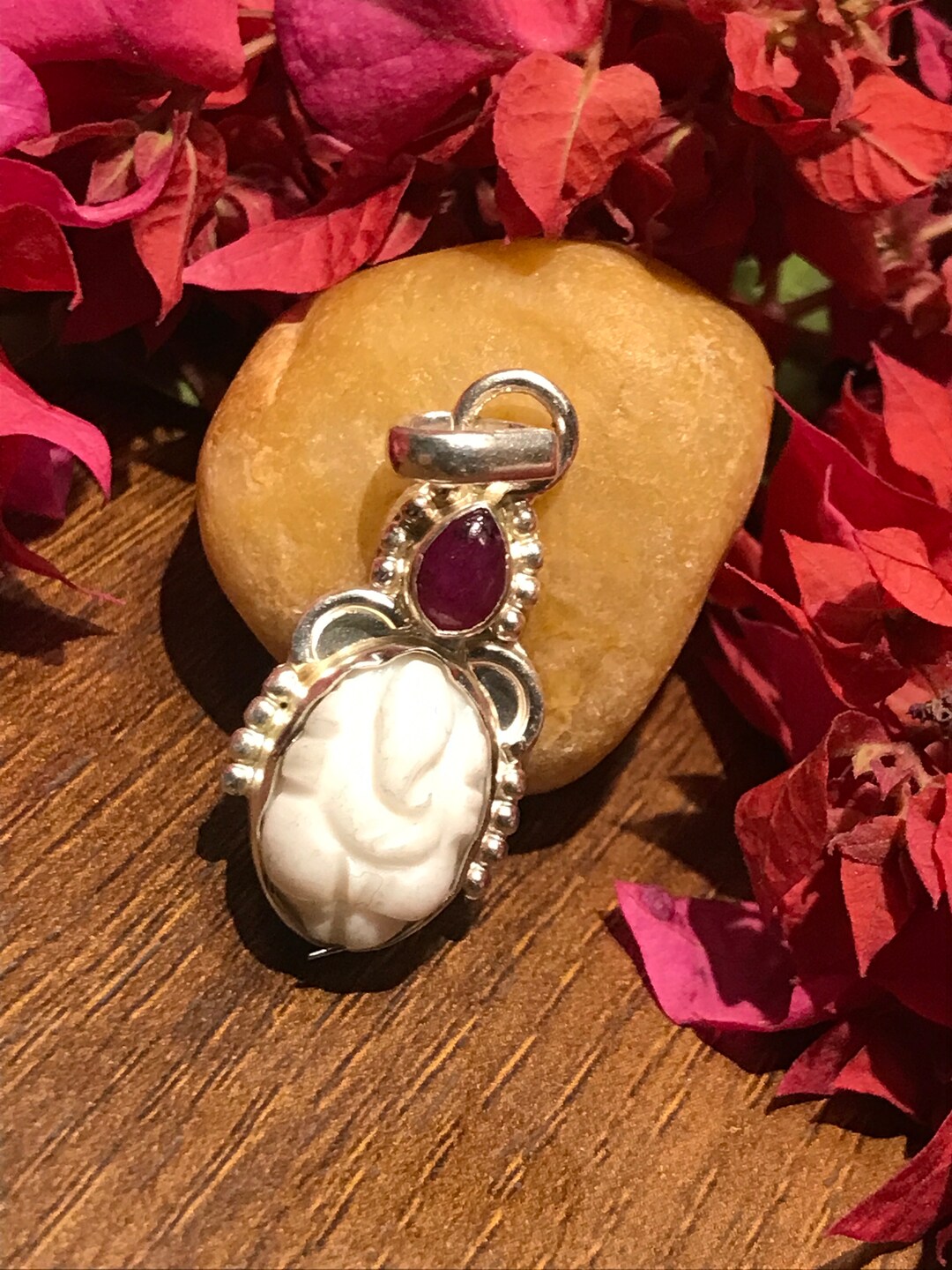 Natural Coral White Lord Ganesha Carved 925 Sterling Silver Pendant ...