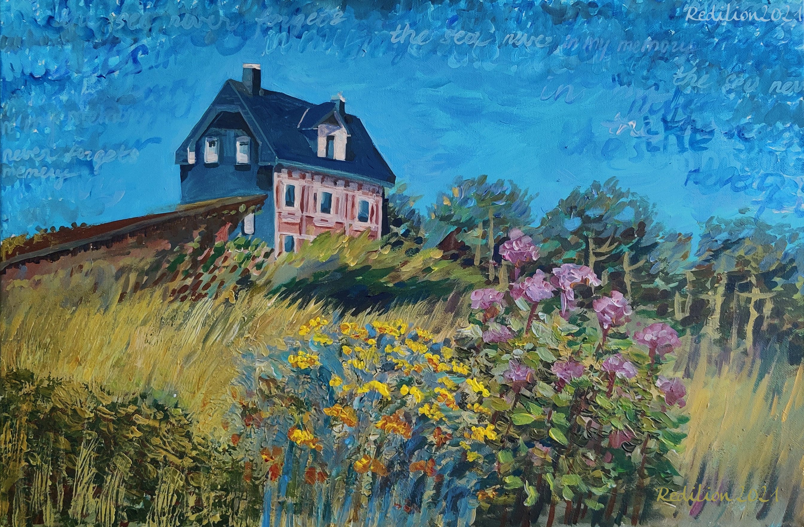Cottage by the Sea Painting Romantic Garden Cottagecore Art - Etsy