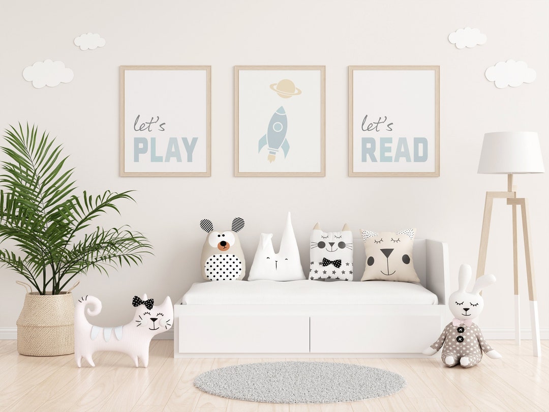 Set of 3 Playroom Wall Art, Let's Play Art, Blue Kids Room Art ...
