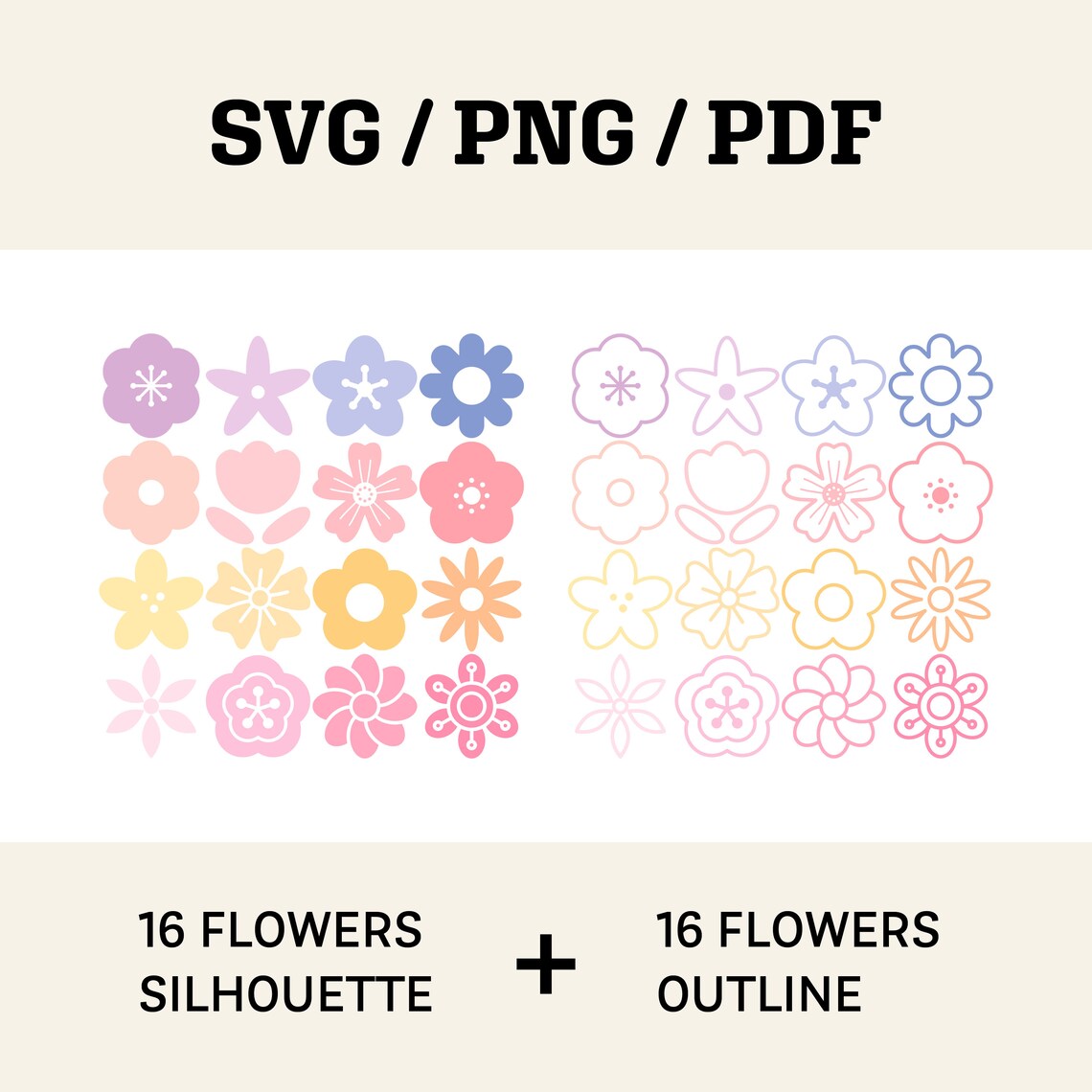 Simple Cute Flower SVG Bundle, Flower Outline Icon, Clipart Vector PNG ...