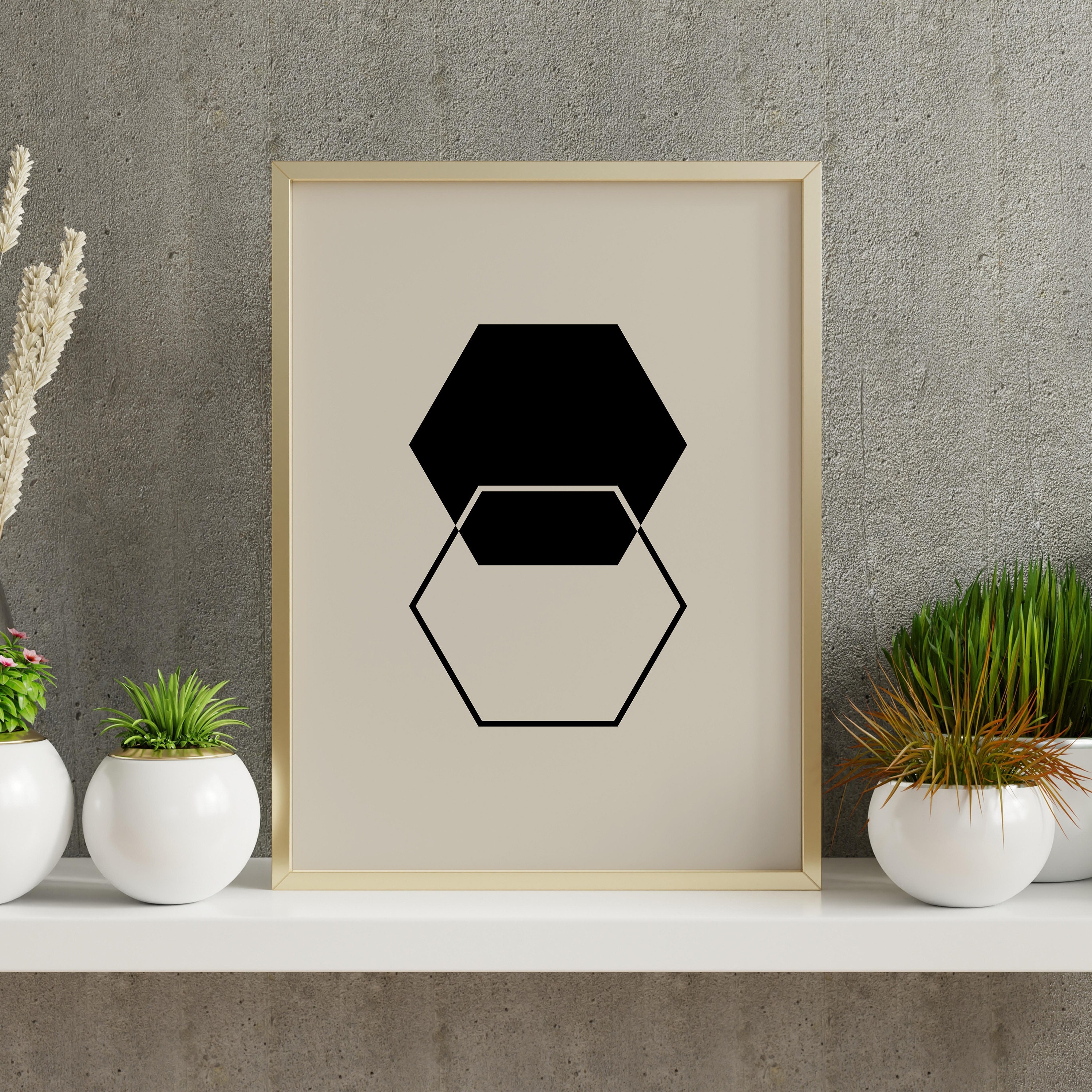 Double Hexagon Abstract Printable Wall Art Black and Beige - Etsy
