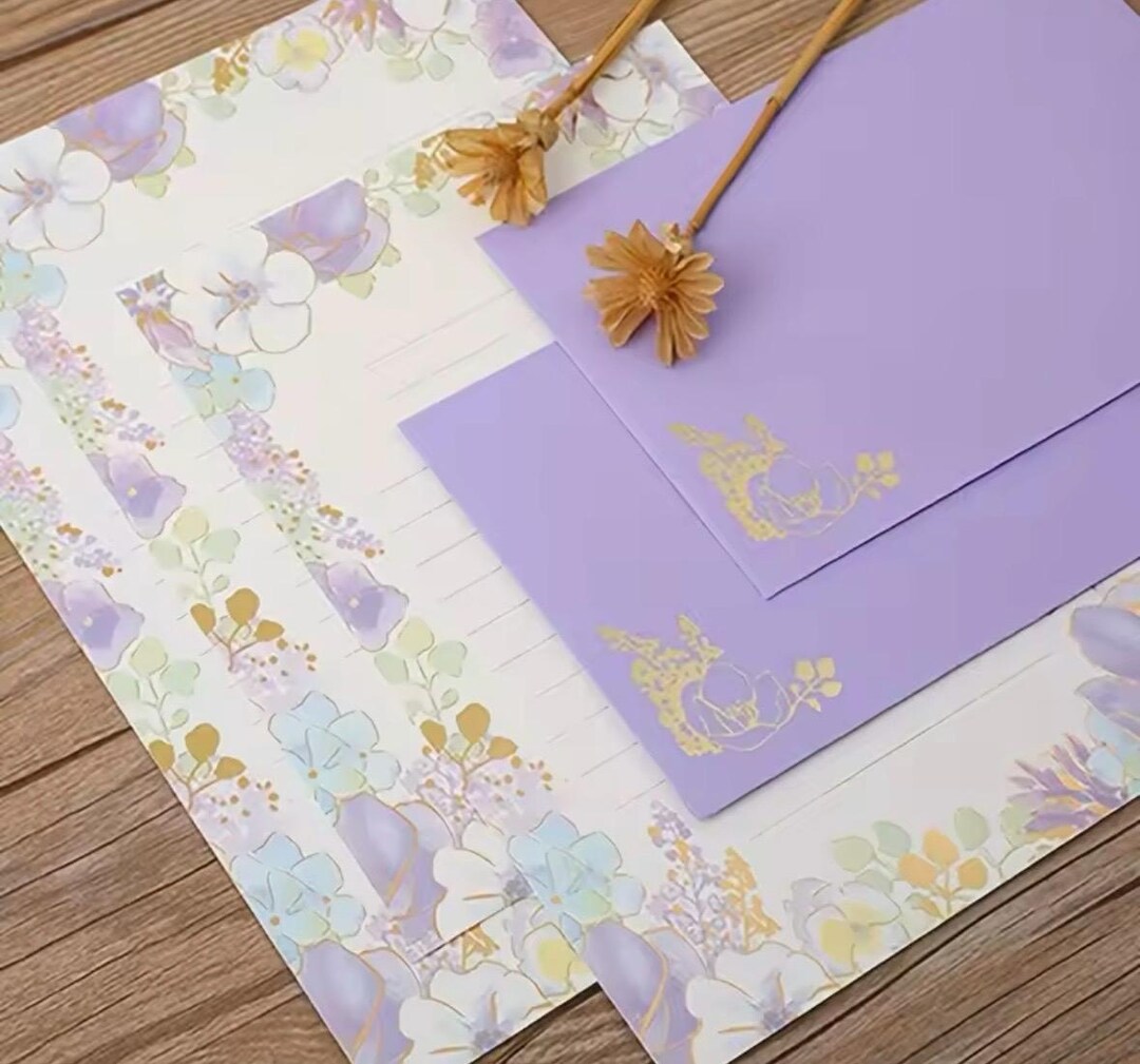 Floral Letter Writing Paper Envelope Set With Gold Details,lilac Letter ...