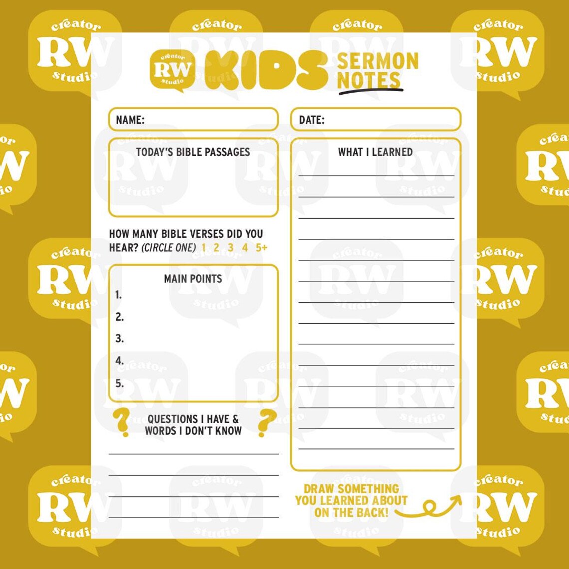Kids Sermon Notes - Church Activity Sheet - Digital Download ...