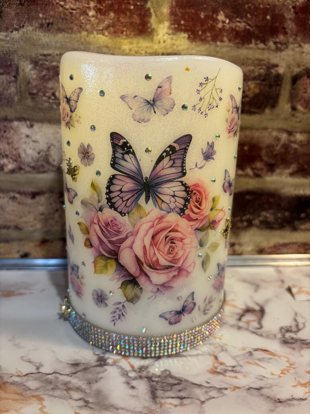 Floral and Butterfly Flameless Candle With Butterfly Charms and Timer ...