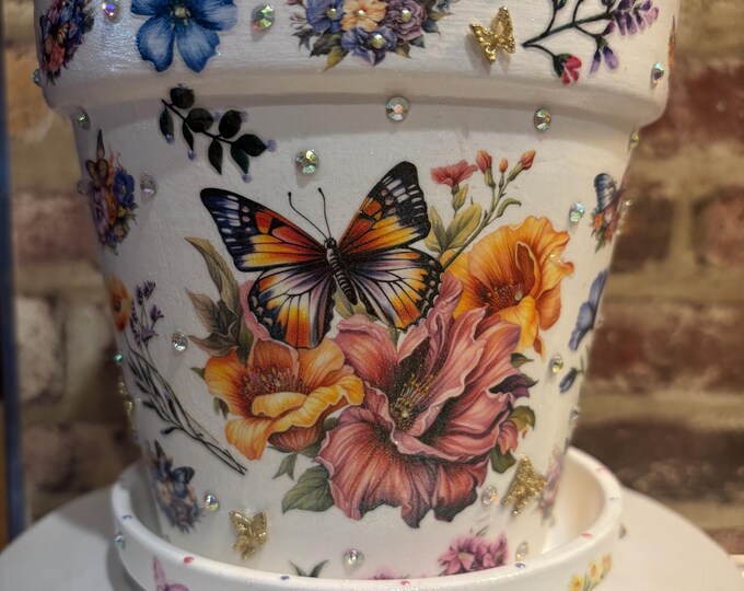 Butterfly Decorated Flower Pot and Saucer, Butterfly Planter and Saucer ...