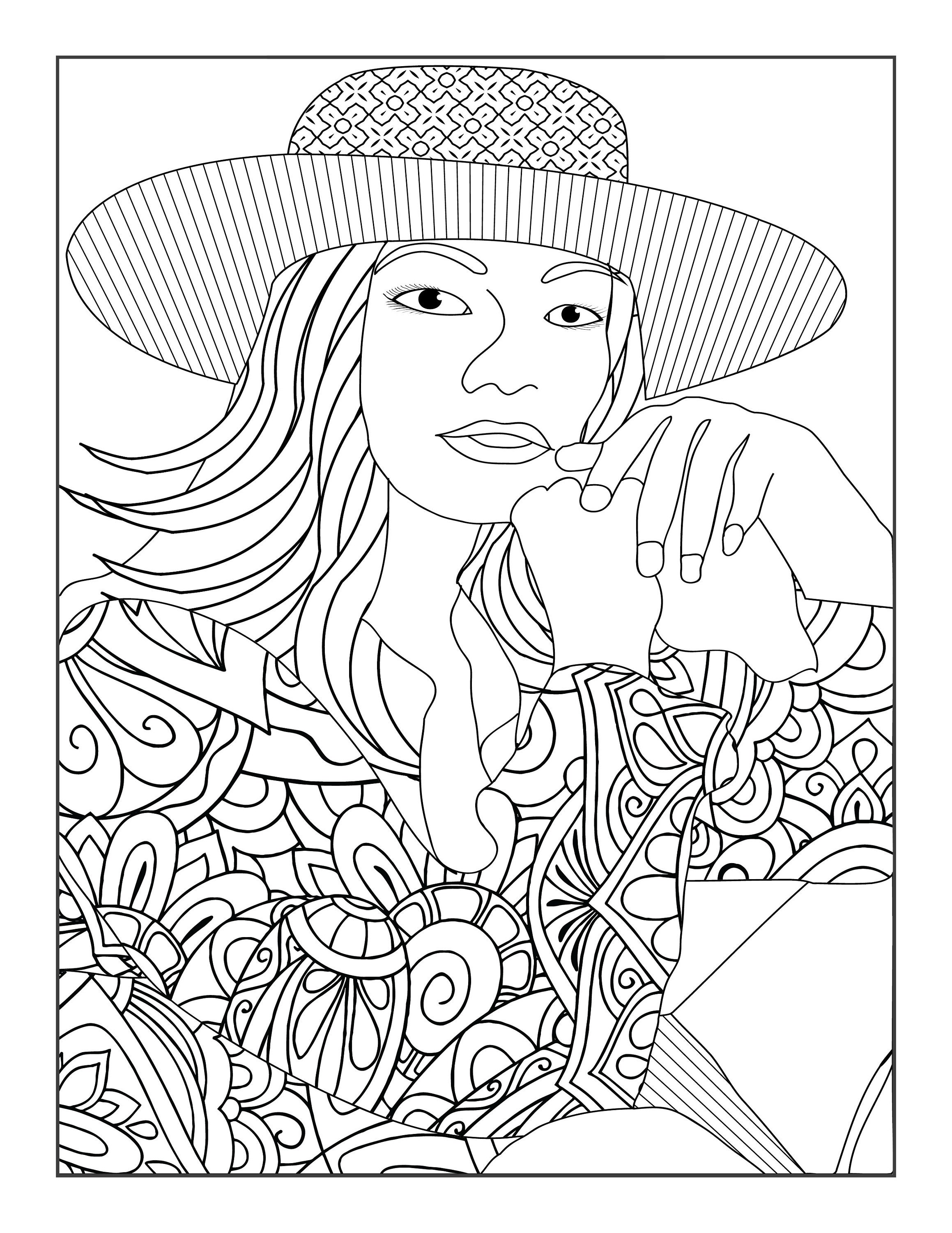 Women With Hat Coloring Page - Etsy