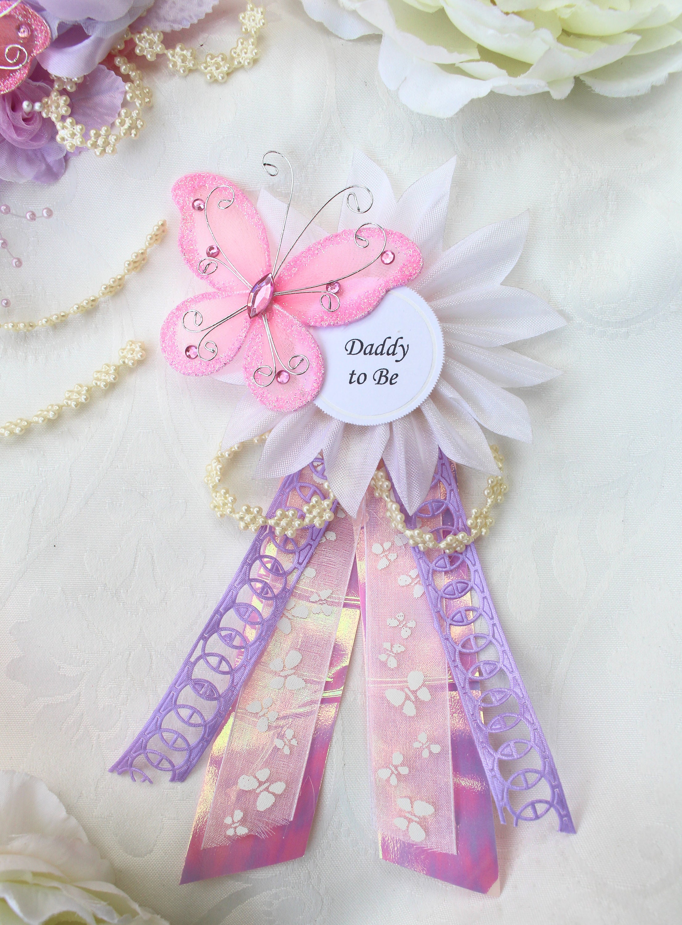 Butterfly Baby Shower Maternity Sash and Dad to Be Pin, Lilac and Pink ...
