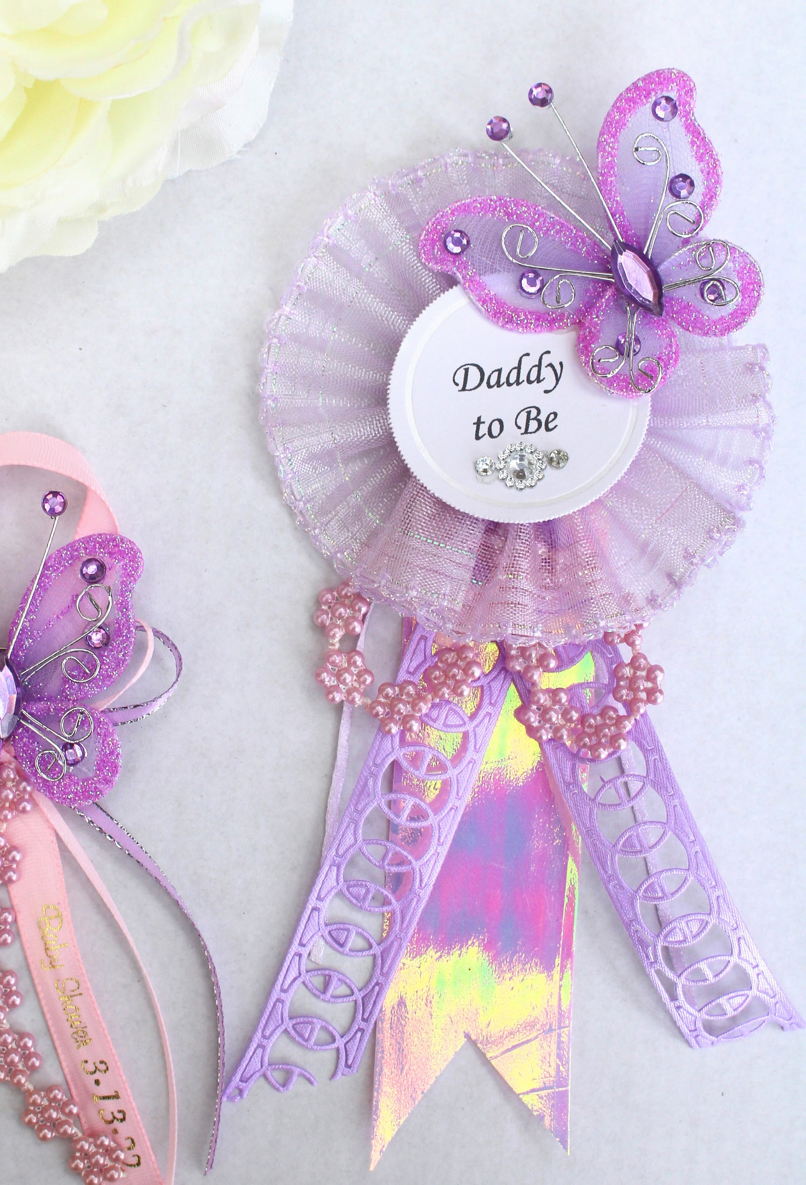 Butterfly Baby Shower Maternity Sash and Dad to Be Pin, Lilac and Pink ...