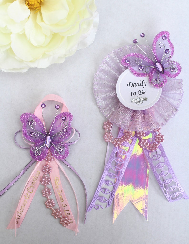 Butterfly Baby Shower Maternity Sash and Dad to Be Pin, Lilac and Pink ...