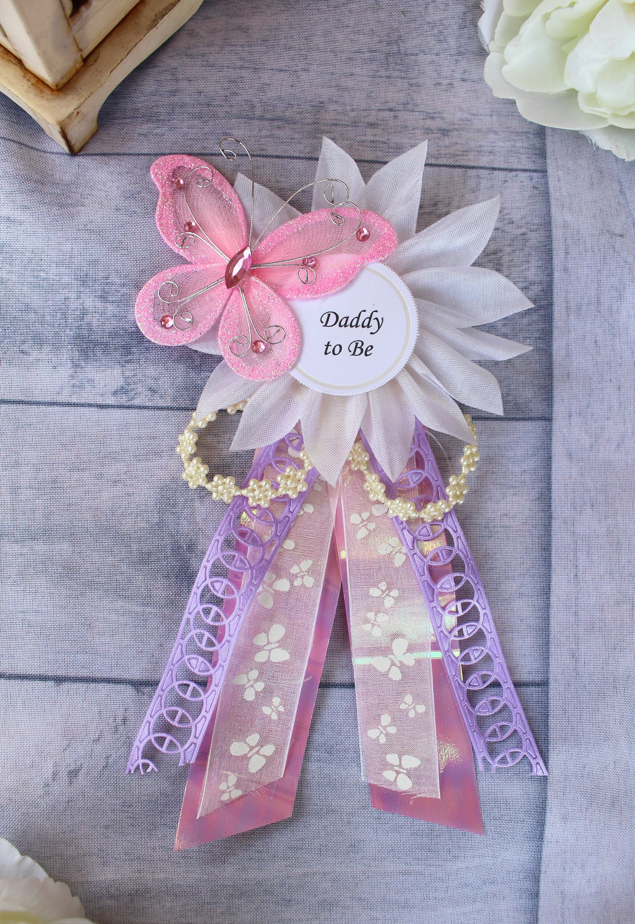 Butterfly Baby Shower Maternity Sash and Dad to Be Pin, Lilac and Pink ...