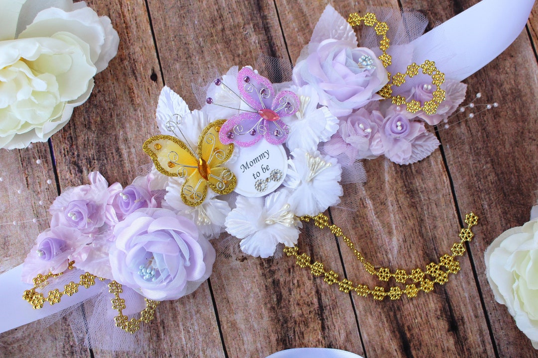 Butterfly Baby Shower Maternity Sash and Dad to Be Pin, Lilac and Gold ...